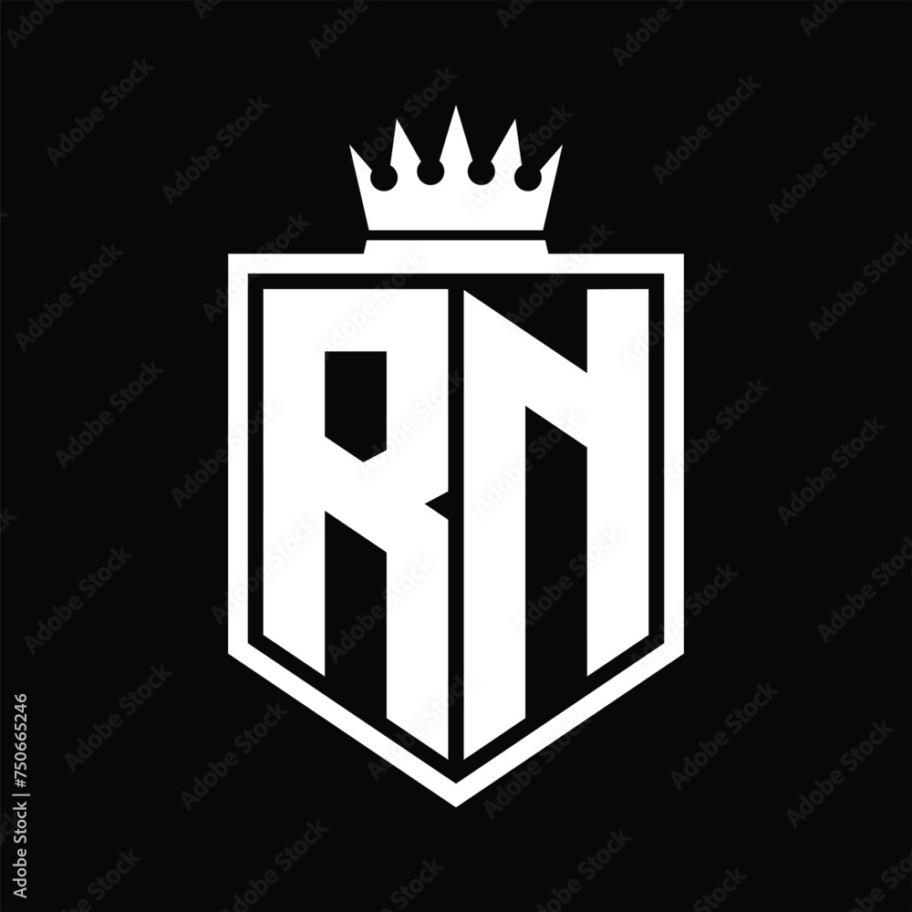 RN Logo monogram bold shield geometric shape with crown outline black and white style design ...