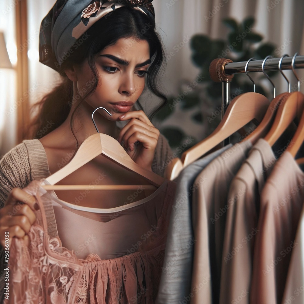 Thoughtful woman selecting clothes from her wardrobe's rack. Nothing to ...
