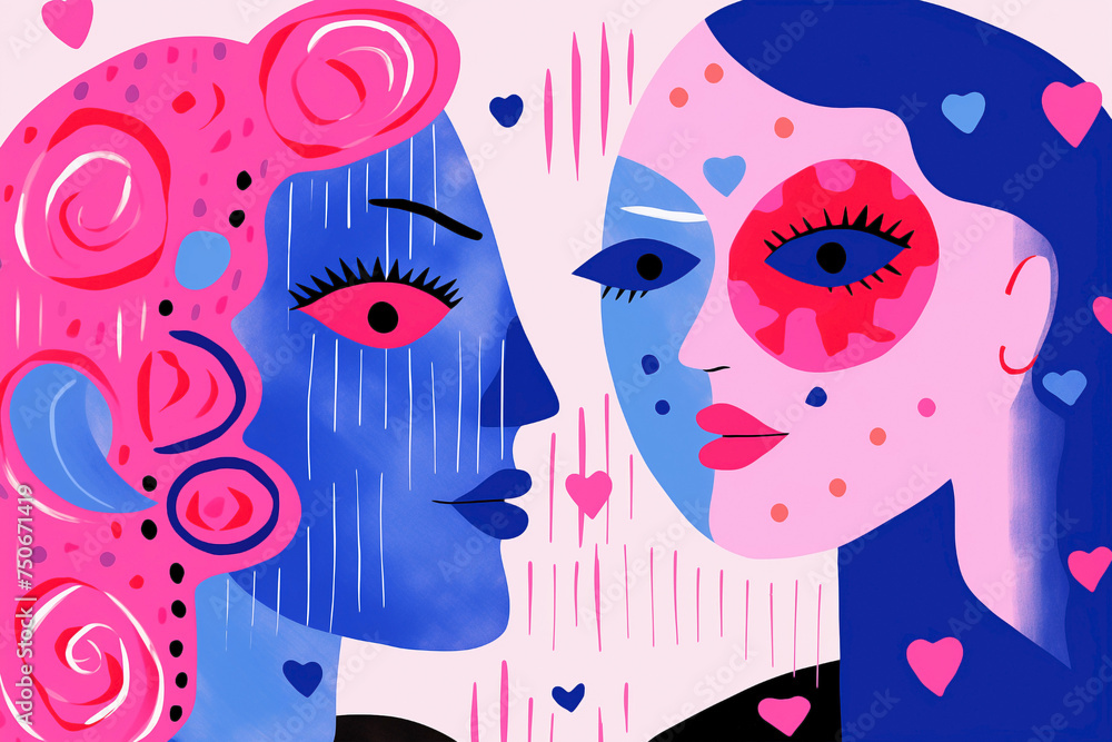 Unusual couple with hearts in expressionist, abstract and contemporary ...