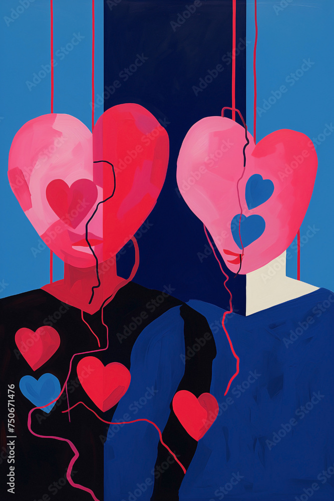 Quirky pair with hearts in expressionist, abstract and contemporary ...
