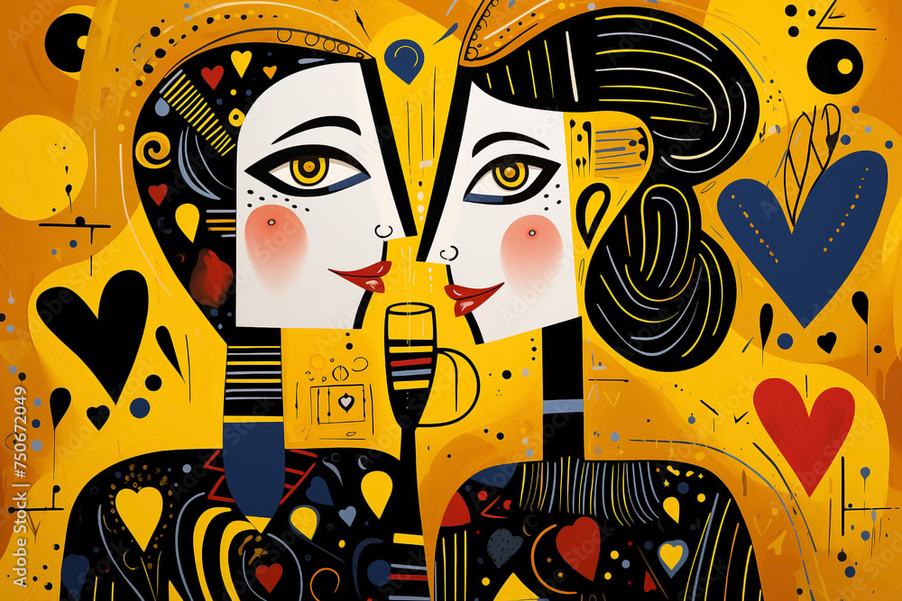 Eccentric couple with hearts in expressionist, abstract and ...