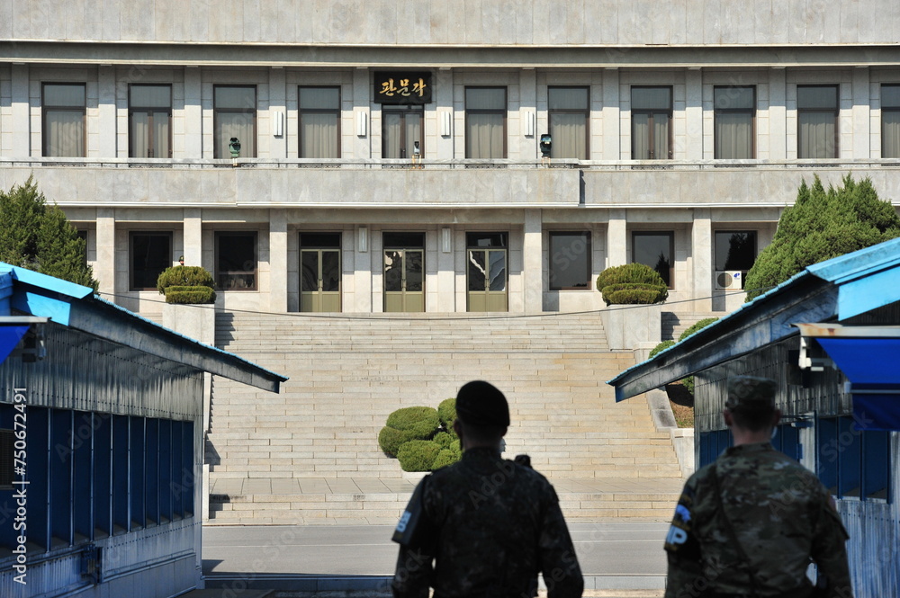 Korean Army guarding the Panmungak building in North Korea seen from ...