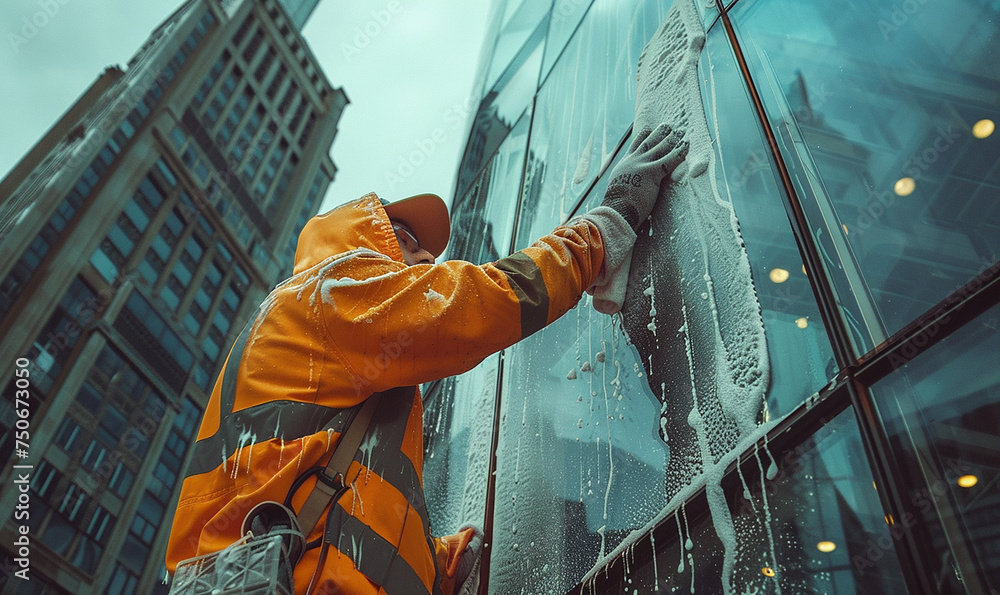 Building glass cleaner cleaning worker hands in closed gloves, cleaning ...