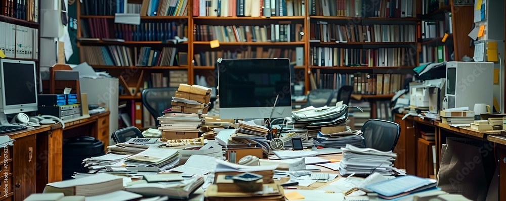 A messy office cluttered with computers and papers showcases the chaos ...