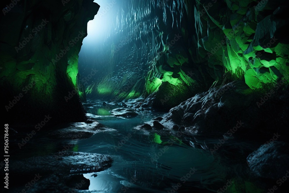 Rugged sea caves illuminated by the shimmering light of bioluminescent ...