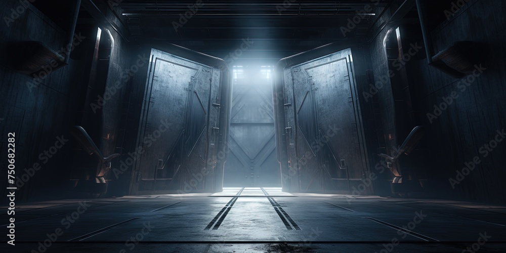 Heavy steel doors opening. Large steel doors of an hanger like building ...