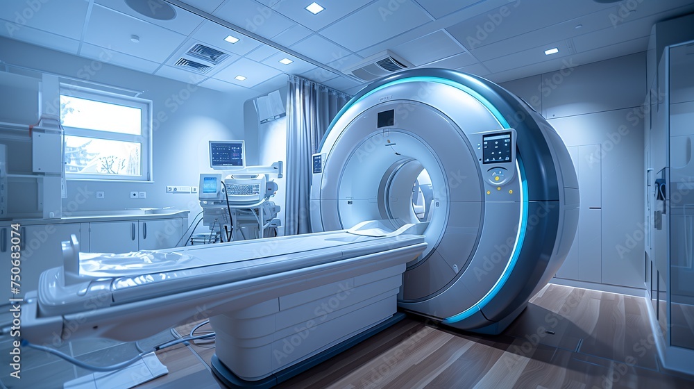 MRI scanner lit by natural light in a clean hospital room equipped for ...