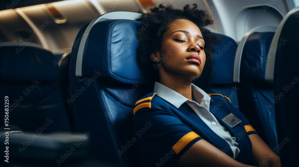 Tired and Asleep on the seat of a African american Woman stewardess ...