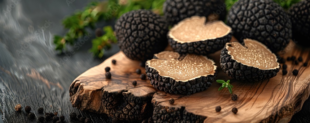A rustic wooden board showcases the elegance of black truffles in a ...