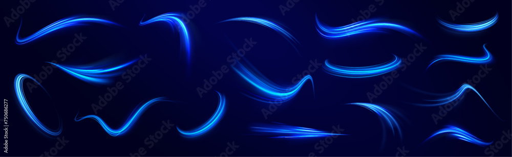 Blue air flow wave effect set. Design element for visualizing air or ...