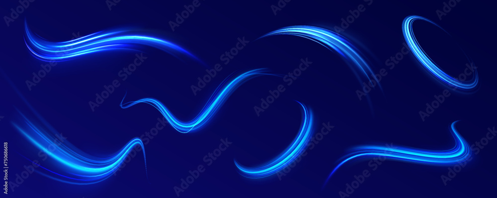 Light motion trails. High speed motion blurred light effects at night in blue and red colors ...