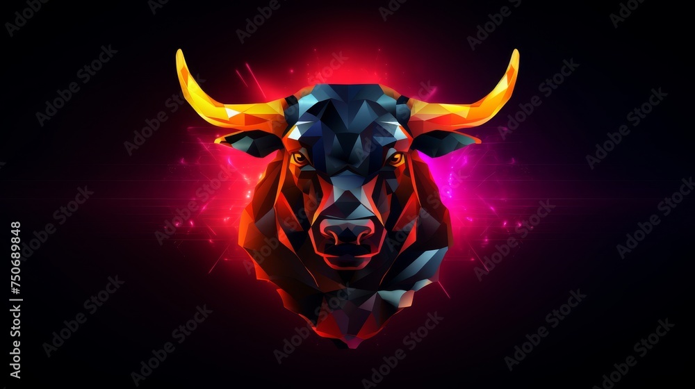 Neon red bull head animal art concept on dark background with copy ...