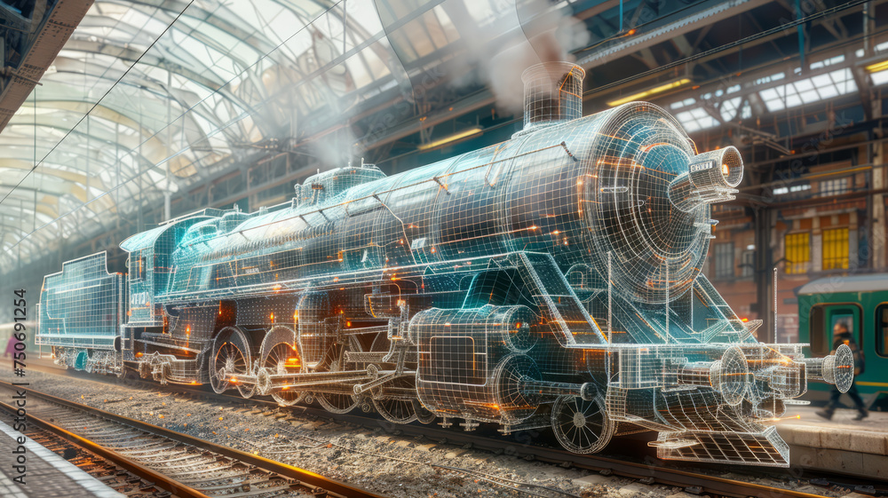 vintage steam train blue wireframe blue prints, old train wireframe ...