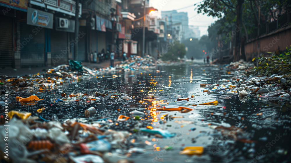 Urban street scene during flood littered with trash washed street of ...