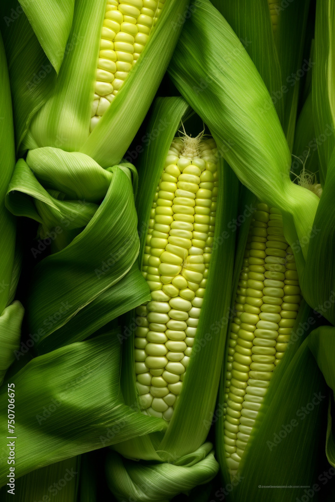 Fresh green corn cobs with kernels peeking through husks, a ...