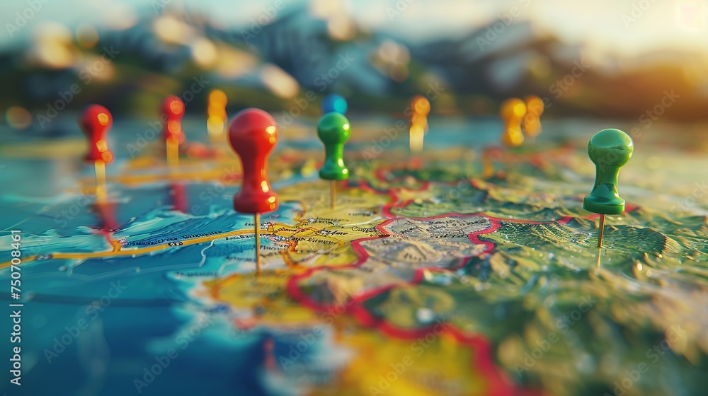 Navigational map chart with pushpins tracking a journey across ...