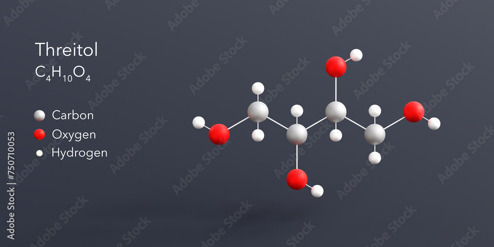 threitol molecule 3d rendering, flat molecular structure with chemical ...