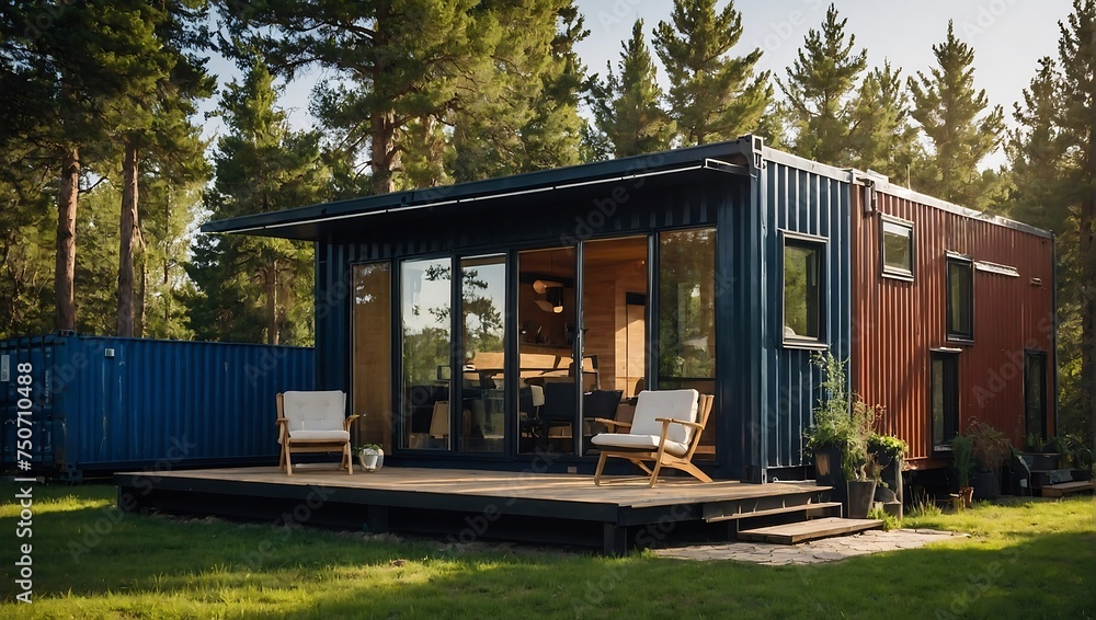 Modern tiny house made from an old shipping container. Sunny day ...