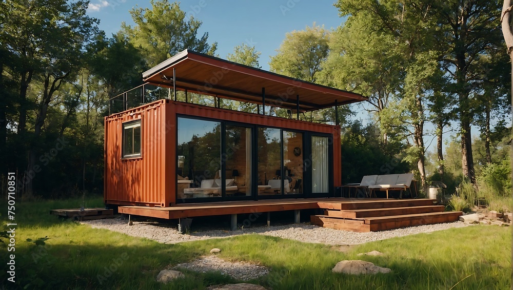 Modern tiny house made from an old shipping container. Sunny day ...
