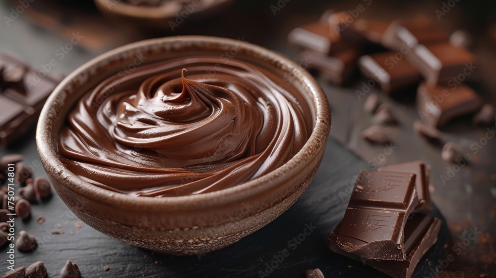 Silky smooth chocolate cream swirl in a ceramic bowl for dessert ...