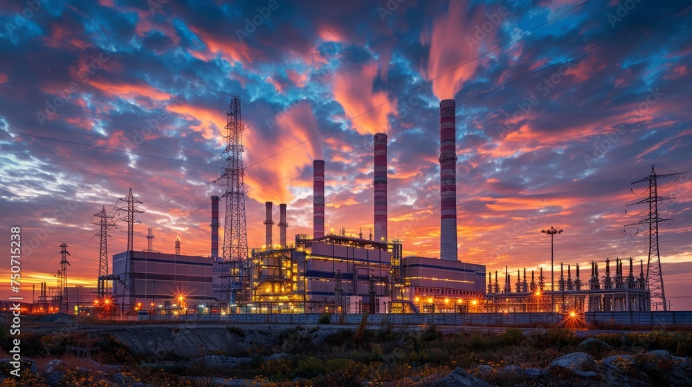 Early evening at a power station with colossal structures and a dynamic ...