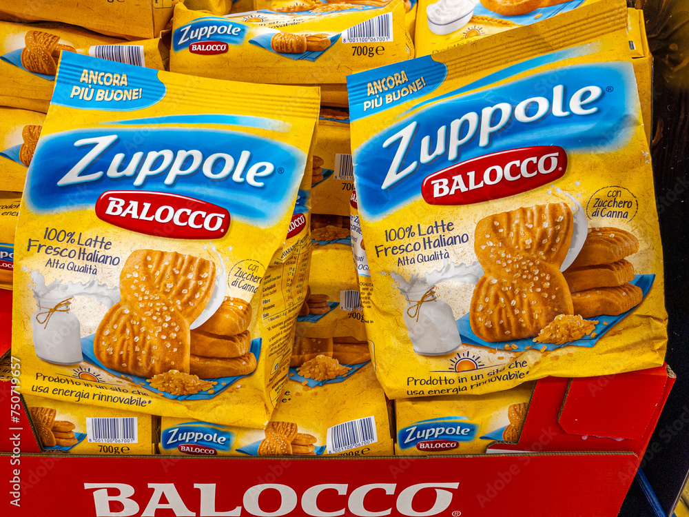 Fossano, Italy - March 04, 2024: Balocco Zeppole cookies in packages ...