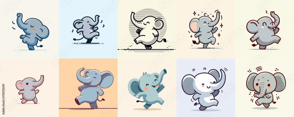 Illustration of a set of dancing elephants in a cartoon flat style ...