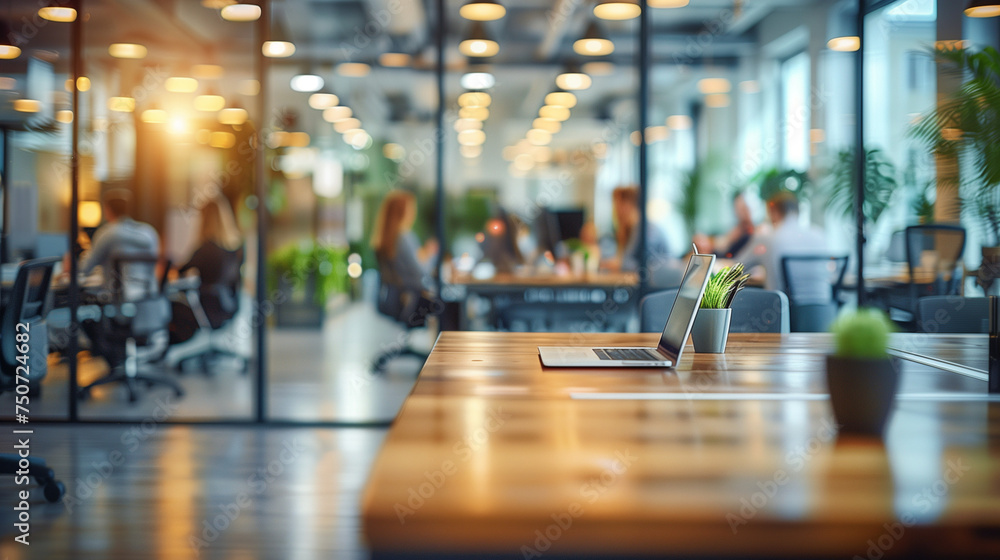 Office table with a laptop and a plant, sustainable and ecological work ...