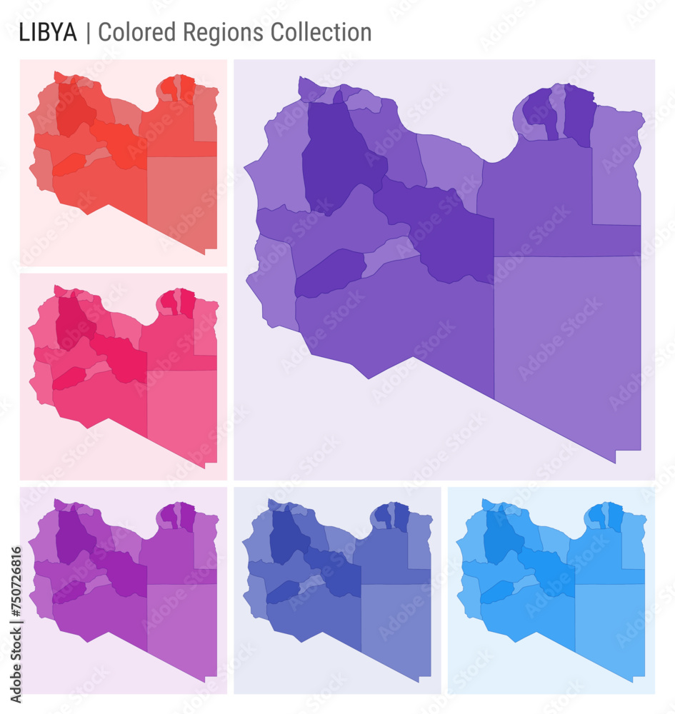 Libya map collection. Country shape with colored regions. Deep Purple ...