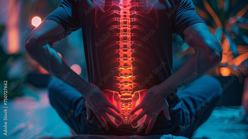 Pain in the lumbar spine and spinal cord. Human back pain, Man with ...