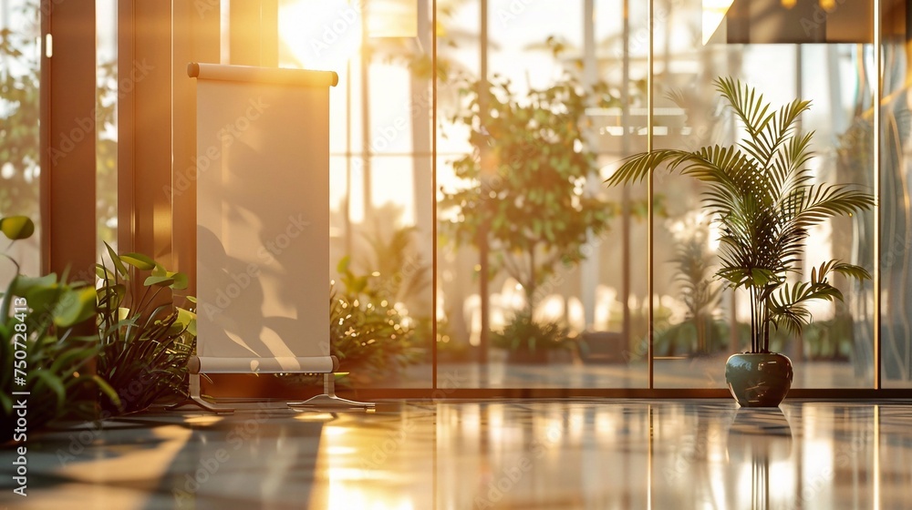 roll up mockup poster stand in against clean hall with big glass ...