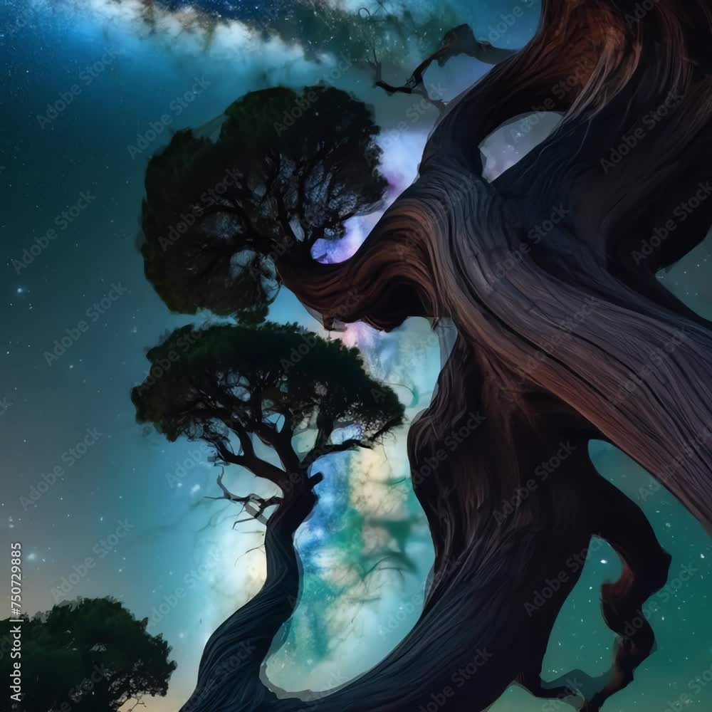 Black tree silhouette in the night, swirling nebula leaves, negative ...