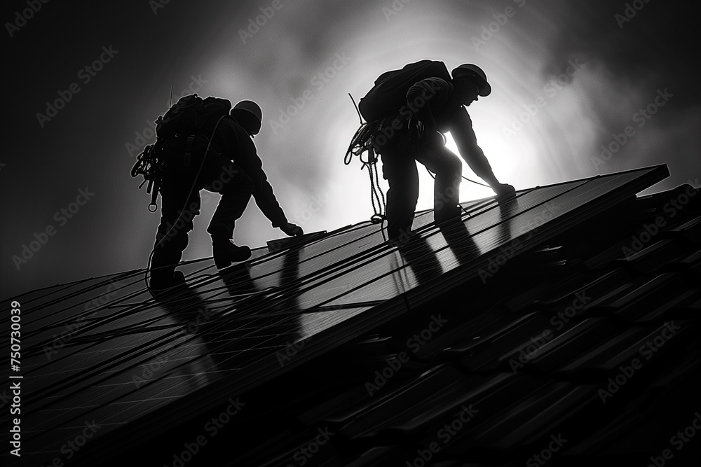 Roof repairman working on the working at height.Professional industrial ...