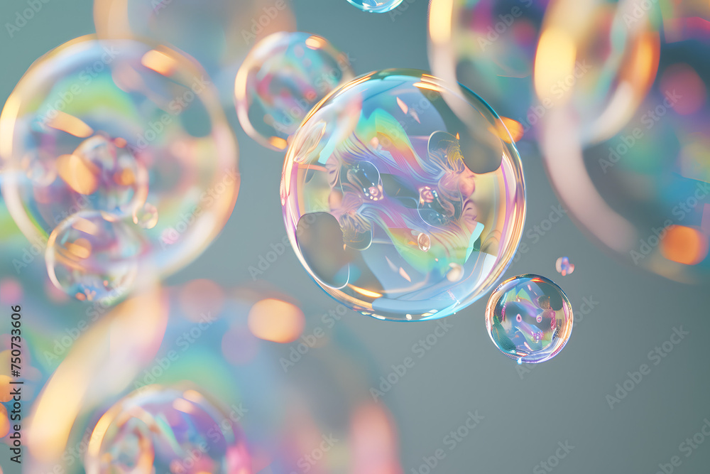 Several iridescent soap bubbles floating in the air, with a focus on ...