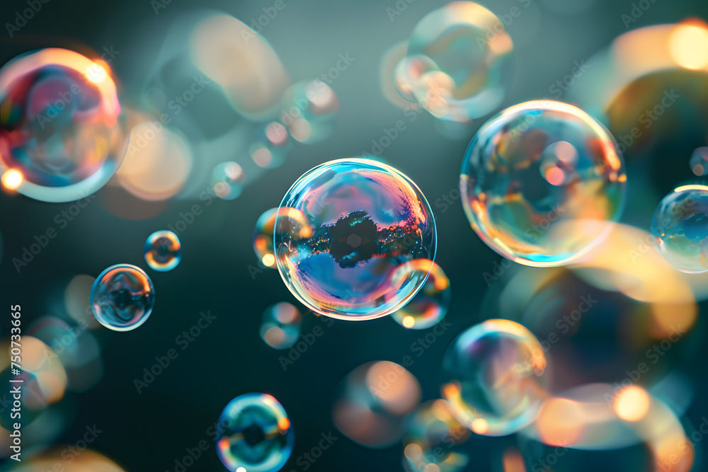 Several iridescent soap bubbles floating in the air, with a focus on ...