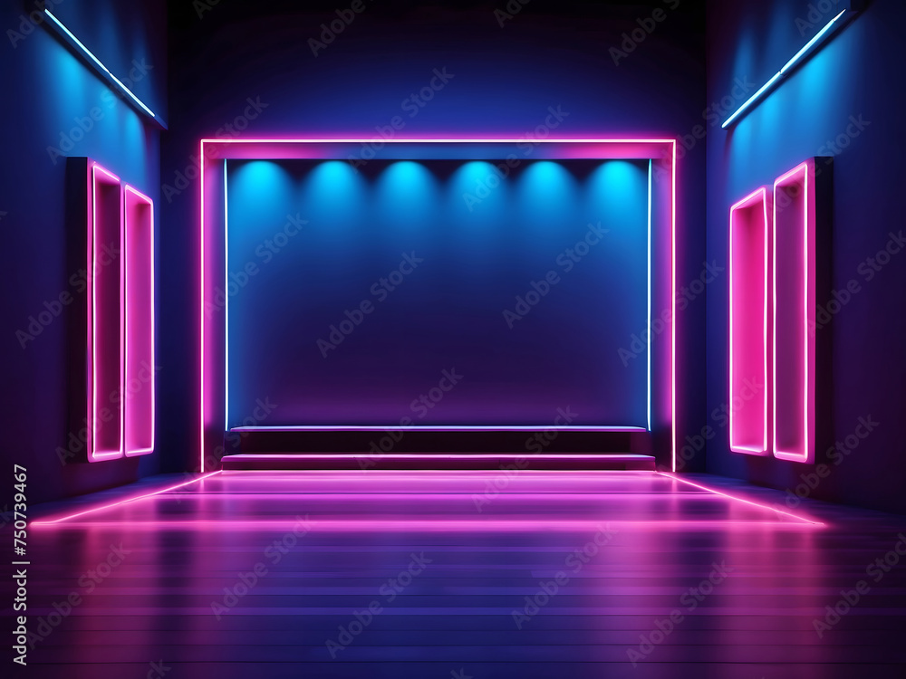 Neon dark stage shows an empty room neon light spotlights dark blue ...