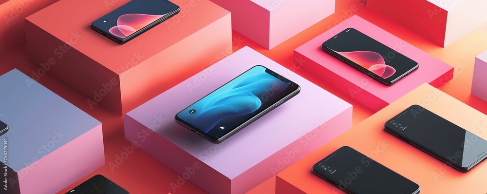Innovative mobile phones and tablets floating above a sleek ...