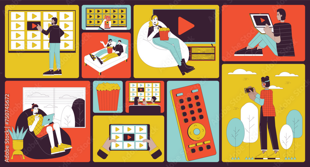 On-demand online entertainment bento grid illustration set. Leisure ...