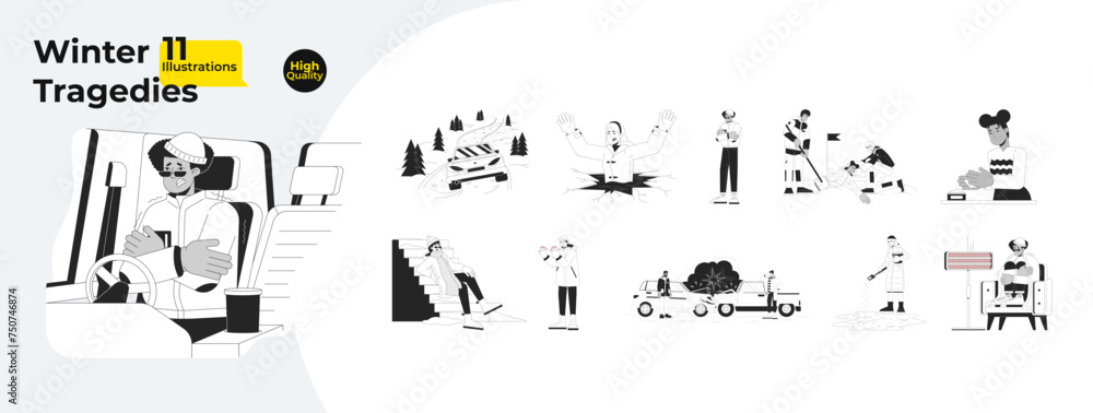 Winter hazards black and white cartoon flat illustration bundle ...