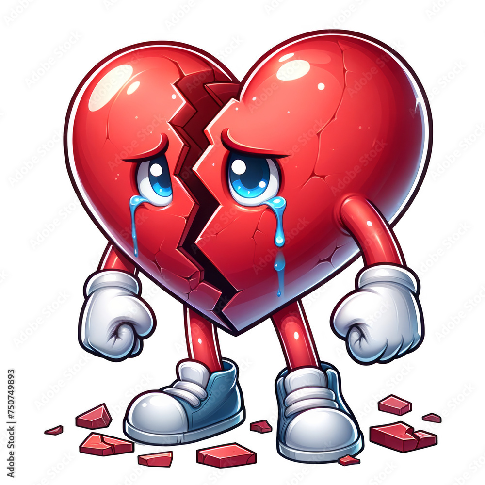 Red broken heart emoji design. Front facing portrait. Cartoon concept ...