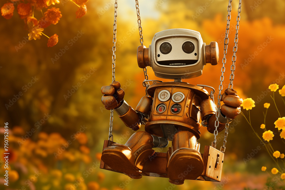 Happy cute robot has fun on a swing in a garden, future of AI development and progress ...