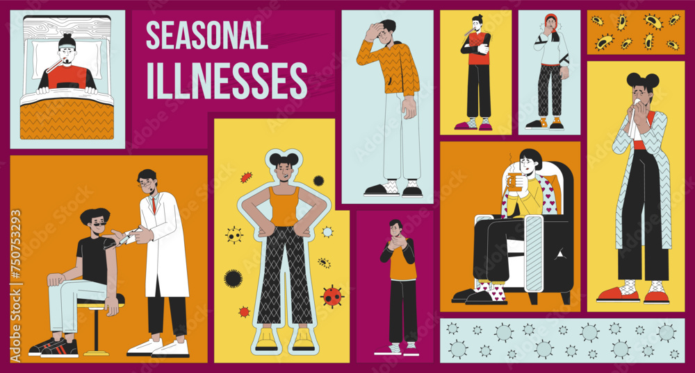 Illnesses seasonal bento grid illustration set. Influenza flu. Winter ...