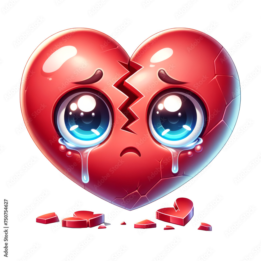 Red broken heart emoji design. Front facing portrait. Cartoon concept ...
