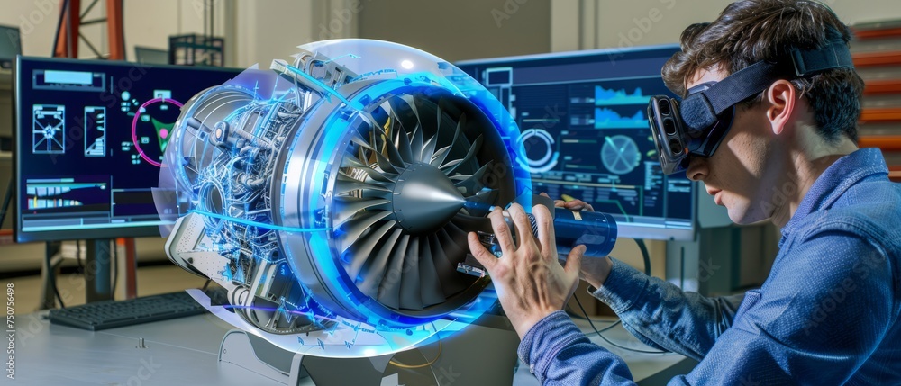 Aerospace Engineer Work on an Augmented Reality Airplane Jet Engine ...