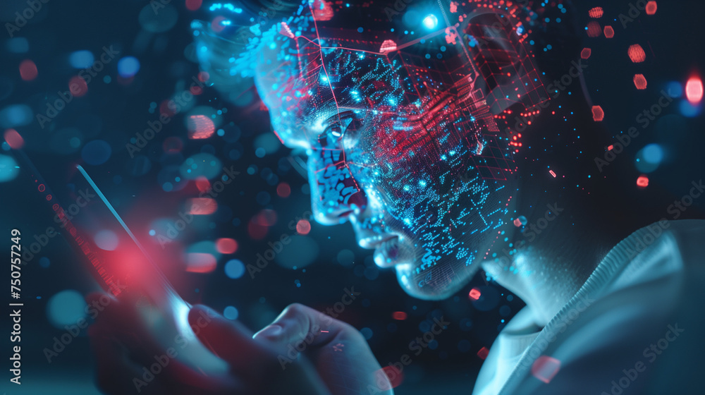 Cybernetic Data Analysis Visualization A person is immersed in a cybernetic data analysis ...