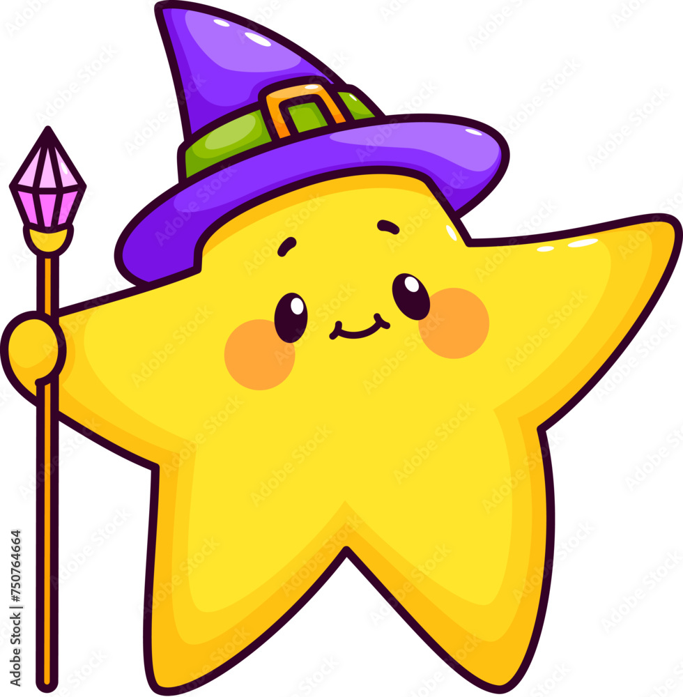 Cartoon funny kawaii star wizard character with magic hat and cane ...