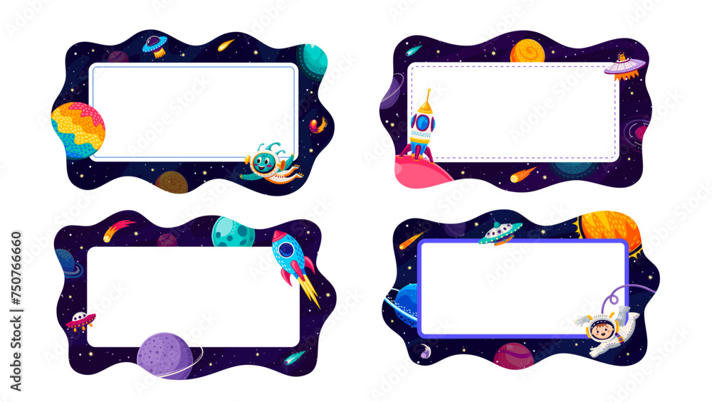 Cartoon galaxy space kid frames or borders with vector landscape of ...