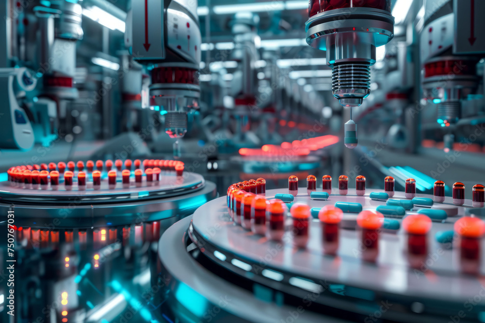 Create an image of a futuristic pill manufacturing facility with ...