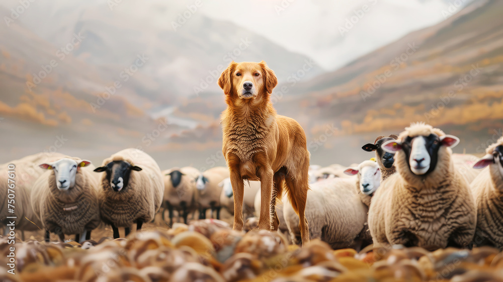 proud smart trained dog shepherd among a flock of sheep in nature in ...
