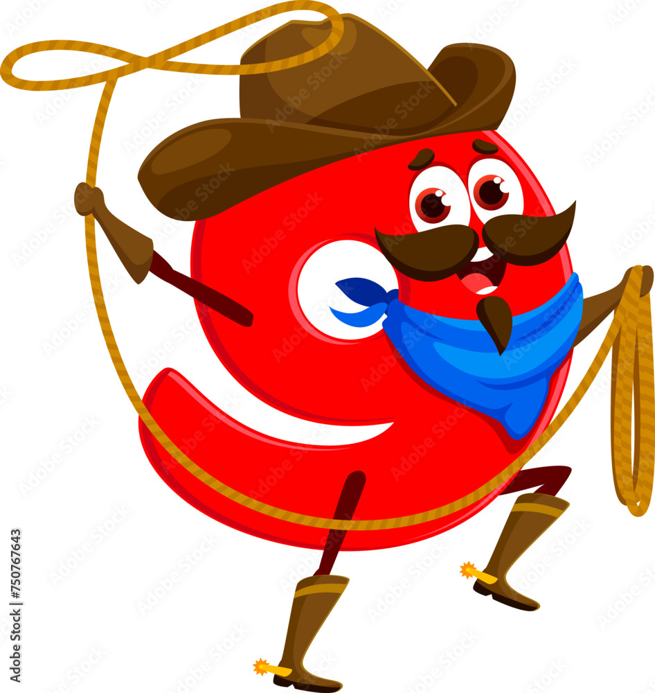 Cartoon cowboy, sheriff, and robber math number nine character ...